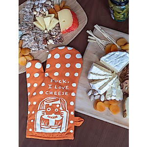 Blue Q Oven Mitt, Fuck, I Love Cheese. Super-Insulated Quilting, Natural-Fitting Shape, 100% Cotton, Orange, 12.5" h x 7.5" w