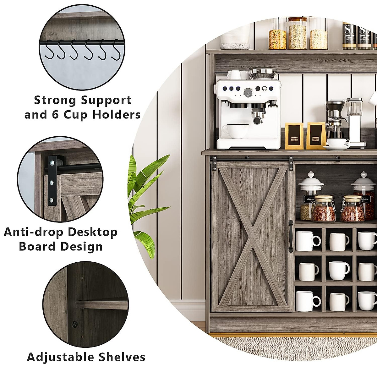 4ever2buy Farmhouse Coffee Bar Cabinet with Sliding Barn Doors, 50 Inch Coffee Bar Hutch with 6 Hooks, Gray Coffee Bar with 9 Mug Rack, Hutch Cabinet with Storage for Living Room