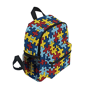 soderhamn Colorful Autism Puzzle Pieces Kids Backpack for Boys Girls Toddler Backpack with Chest Strap and Whistle Light Schoolbag M（12.6" tall）