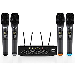 Pyle Portable UHF Wireless Microphone System - Battery Operated Four Bluetooth Cordless Microphone Set with 50 Channels Selectable Frequency, Receiver Base, AUX, PA Karaoke DJ Party - Pyle PDWM4120
