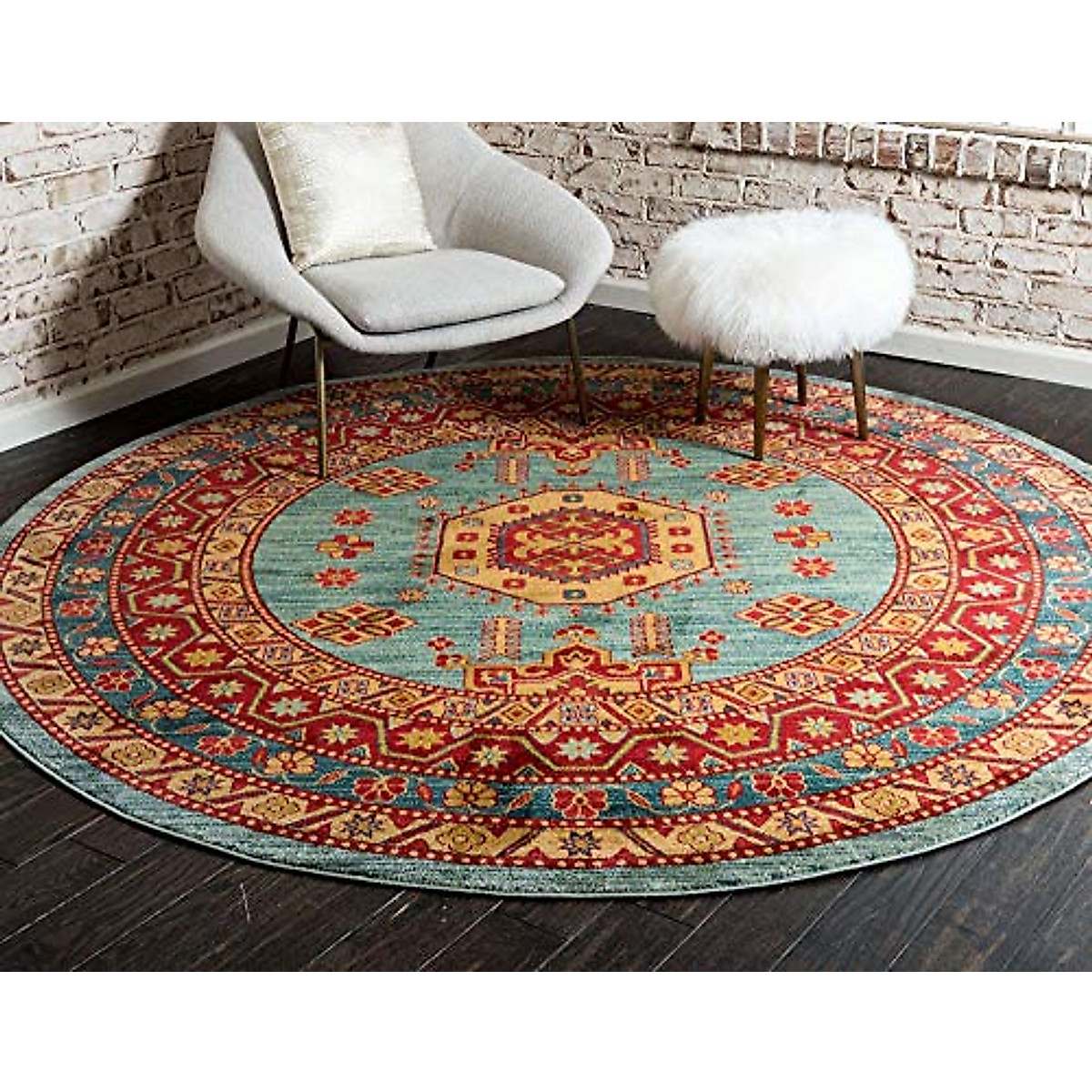 Unique Loom Sahand Collection Area Rug - Shapur (8' Round, Light Blue/ Light Brown)