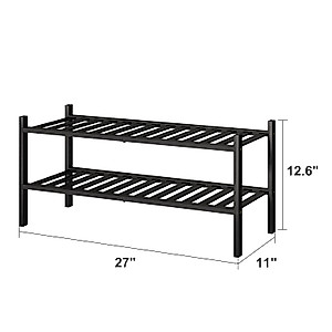 2-Tier Black Bamboo Shoe Rack for Entryway, Stackable | Foldable | Natural, Shoe Shelf Storage Organizer for Hallway Closet, Free Standing Shoe Racks for Indoor Outdoor