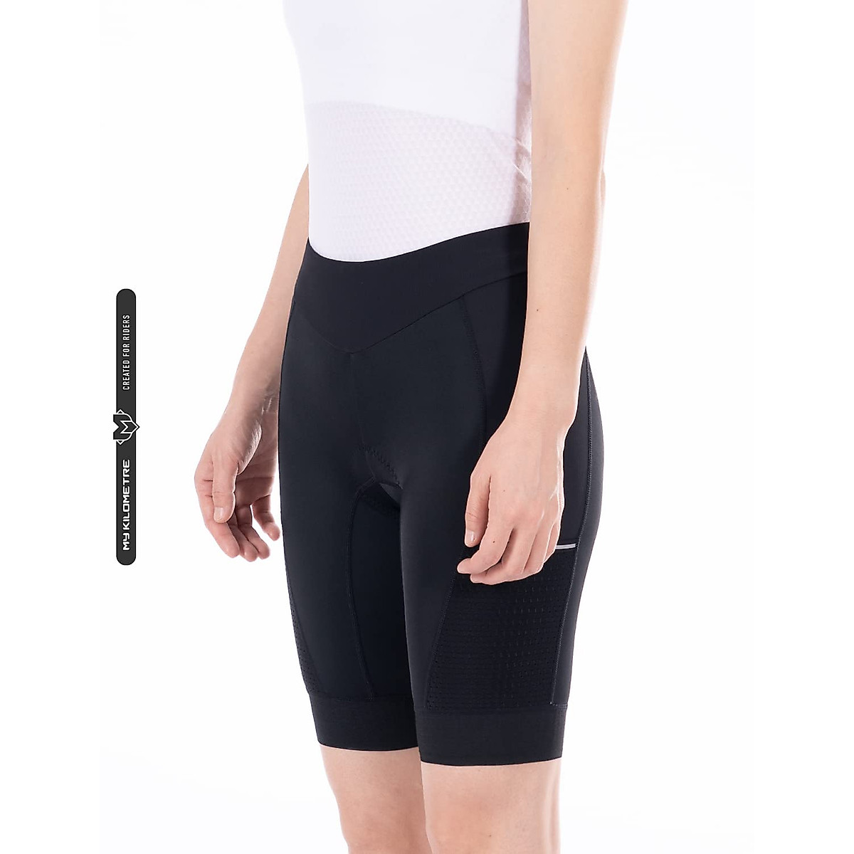 MY KILOMETRE Womens Triathlon Shorts 8” Inseam Tri Shorts with Side Pockets Adjustable Drawstring (Pure-Black, Medium)