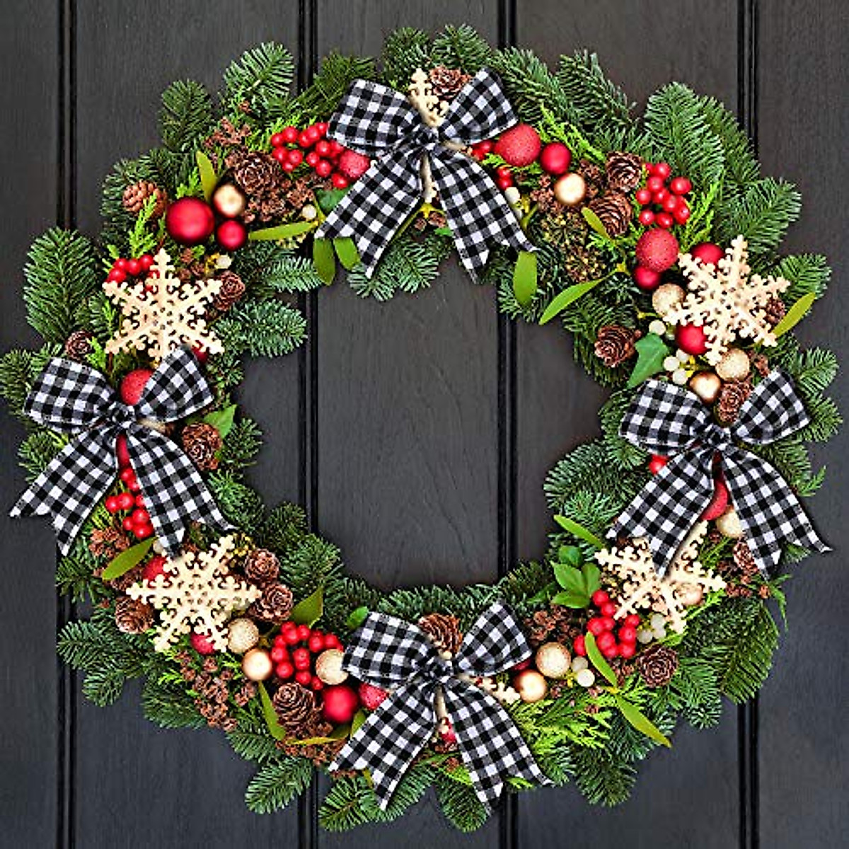 2 Rolls Wired Edge Ribbons Buffalo Plaid Burlap Ribbon Farmhouse DIY Gift Wrapping Crafts for Christmas Bow Wreath Tree Decoration (White Black Plaid, 2.5 Inch Wide, 472 Inch)