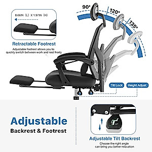 Ergonomic Office Chair, High Back Office Chair with Lumbar Pillow and Retractable Footrest, Mesh Office Chair with Padded Armrests and Adjustable Headrest, Swivel Rolling Chair, Height Adjustable