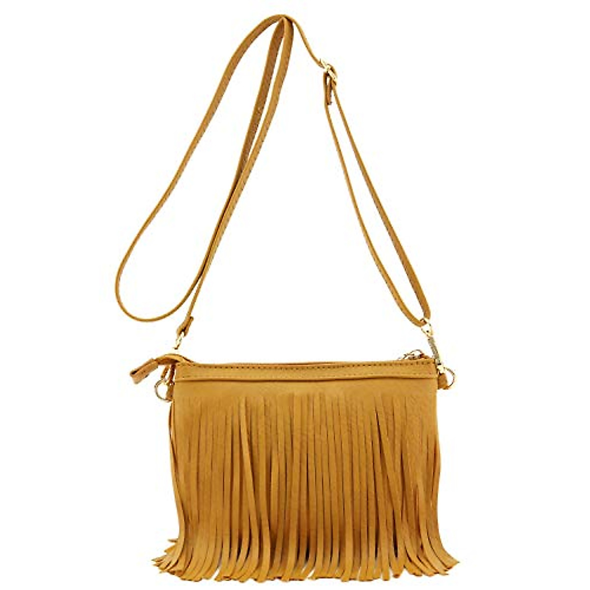 FashionPuzzle Small Fringe Crossbody Bag with Wrist Strap (Dark Mustard)