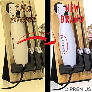 SERRATED CARVING ELECTRIC KNIFE SET By Chef PRO, With Wooden Storage Block, 2 Interchangeable Stainless-Steel Blades, Precise Cutting and Carving of Meats, Fruits, Breads, Comfortable Design, White