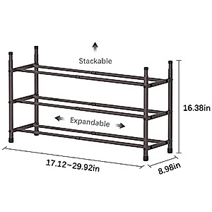 TZAMLI 3-Tier Stackable Closet Shoe Rack Organizer, Expandable and Adjustable Metal Shoes Shelf Storage Small Shoe Rack for Entryway Dorm, Brown