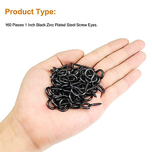 Powlankou 160 Pieces 1 inch Screw Eyes, Black Zinc Plated Steel Screw Eyes, Self Tapping Screw Hooks, Metal Eye Hooks, Eyelet Screws