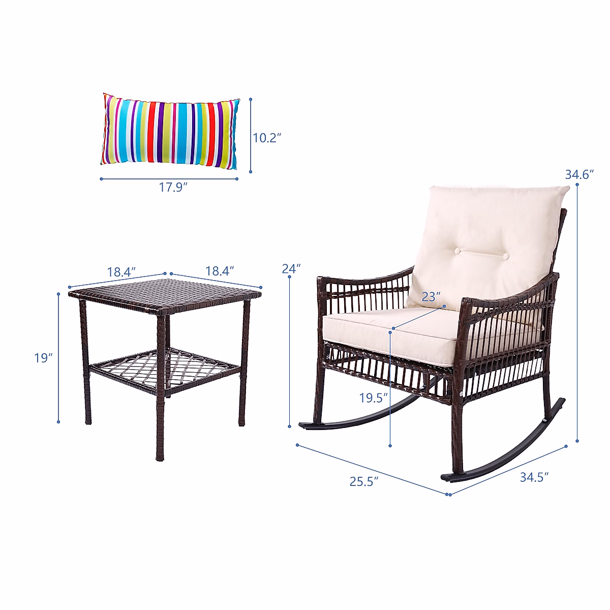 BALDPER 3 PCS Patio Conversation Chair Set with Coffee Table, Rocking Bistro Set, Outdoor Rocking Chairs Set, Wicker Furniture for Porch Deck Garden Poolside, Beige