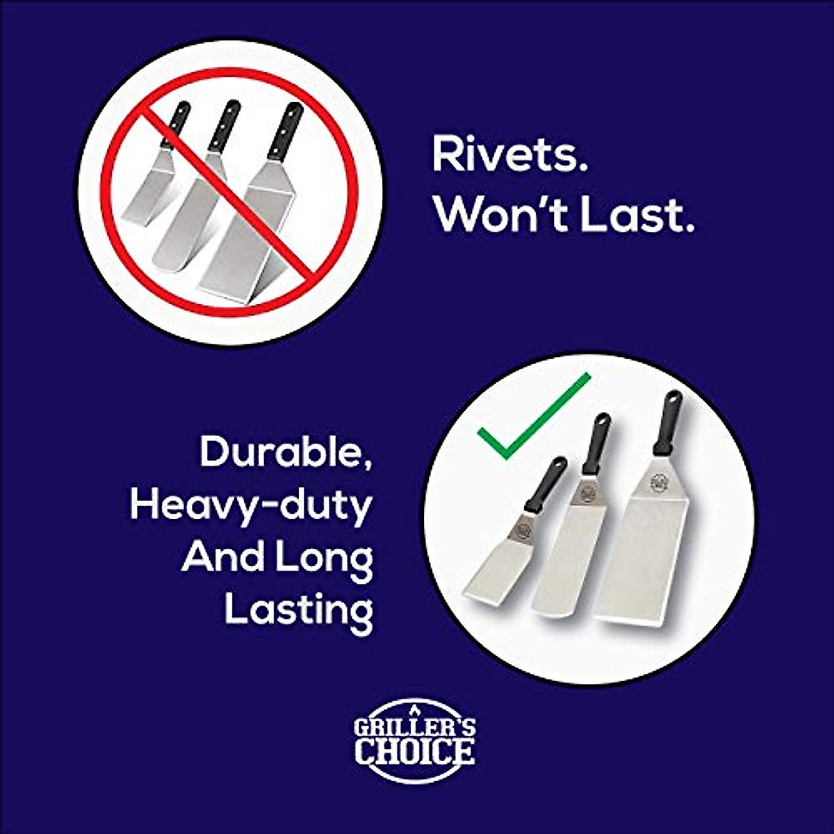 Grillers Choice - Griddle Accessories - 4 pc -Commercial Stainless Steel Metal Spatula Set - Flat Metal Spatula, Griddle Scrapper, Hamburger Pancake Turner - Professional Grade