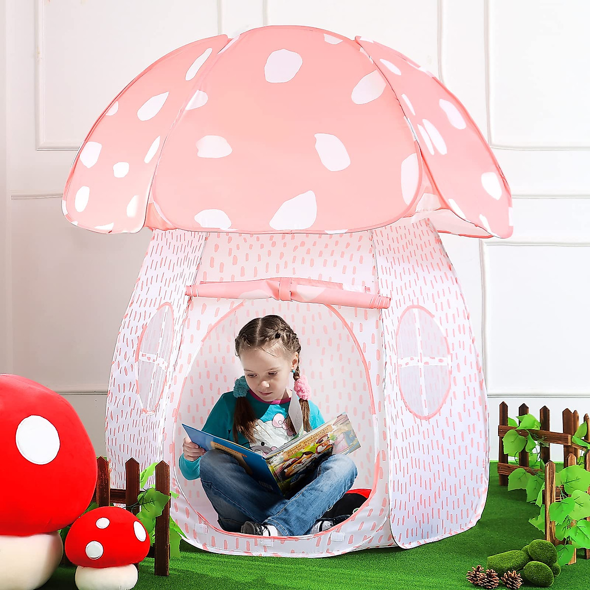 Play Tent for Kids Pop Up Tent Indoor Outdoor Boys and Girls Playhouse with Exquisite Design for Imaginative Mushroom Tent by CRAWLBO Patented(Pink/Large)