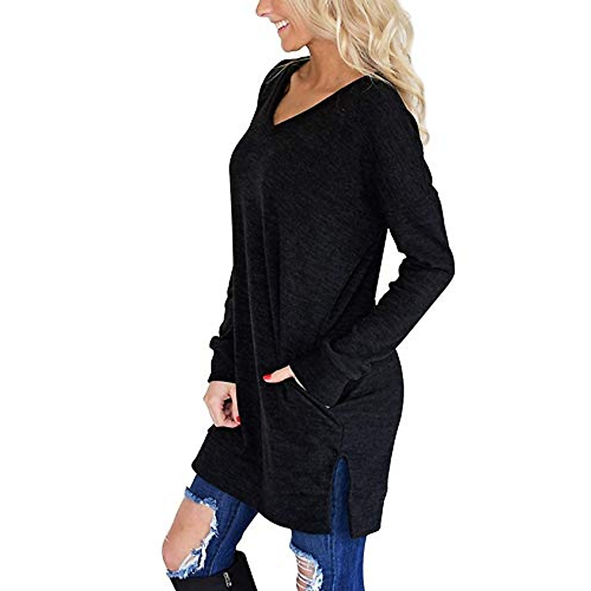 LERUCCI Womens Casual Long Sleeves Solid V-Neck Tunics Sweatshirt with Pockets Black Large