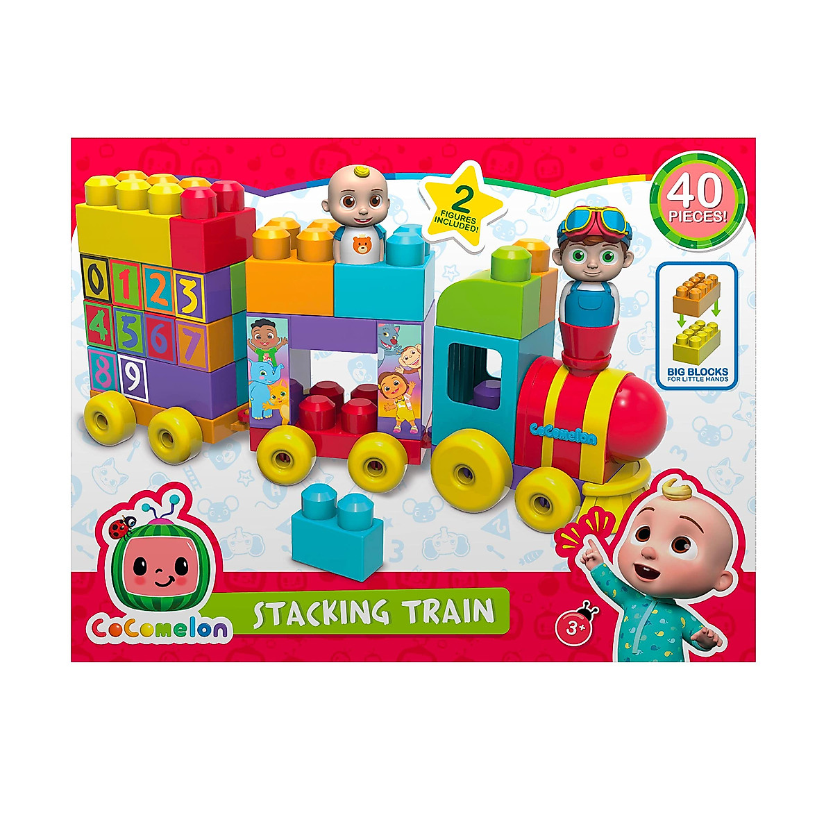 CoComelon Stacking Train, 40 Piece Large Building Block Set, 2 Figures, Colors, Numbers, Officially Licensed Kids Toys for Ages 18 Month by Just Play