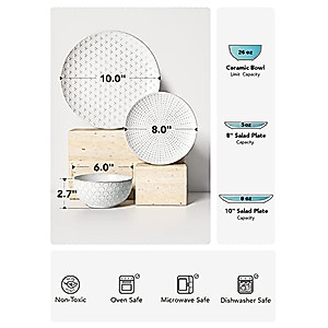 LE TAUCI Dinnerware Sets 12 Piece, Ceramic Plates and Bowls Set, House Warming Wedding Gift, Serve for 4 (10" Dinner Plates + 8" Salad Dish + 22 oz Cereal Bowl) x 4, Dishwasher safe - Arctic White
