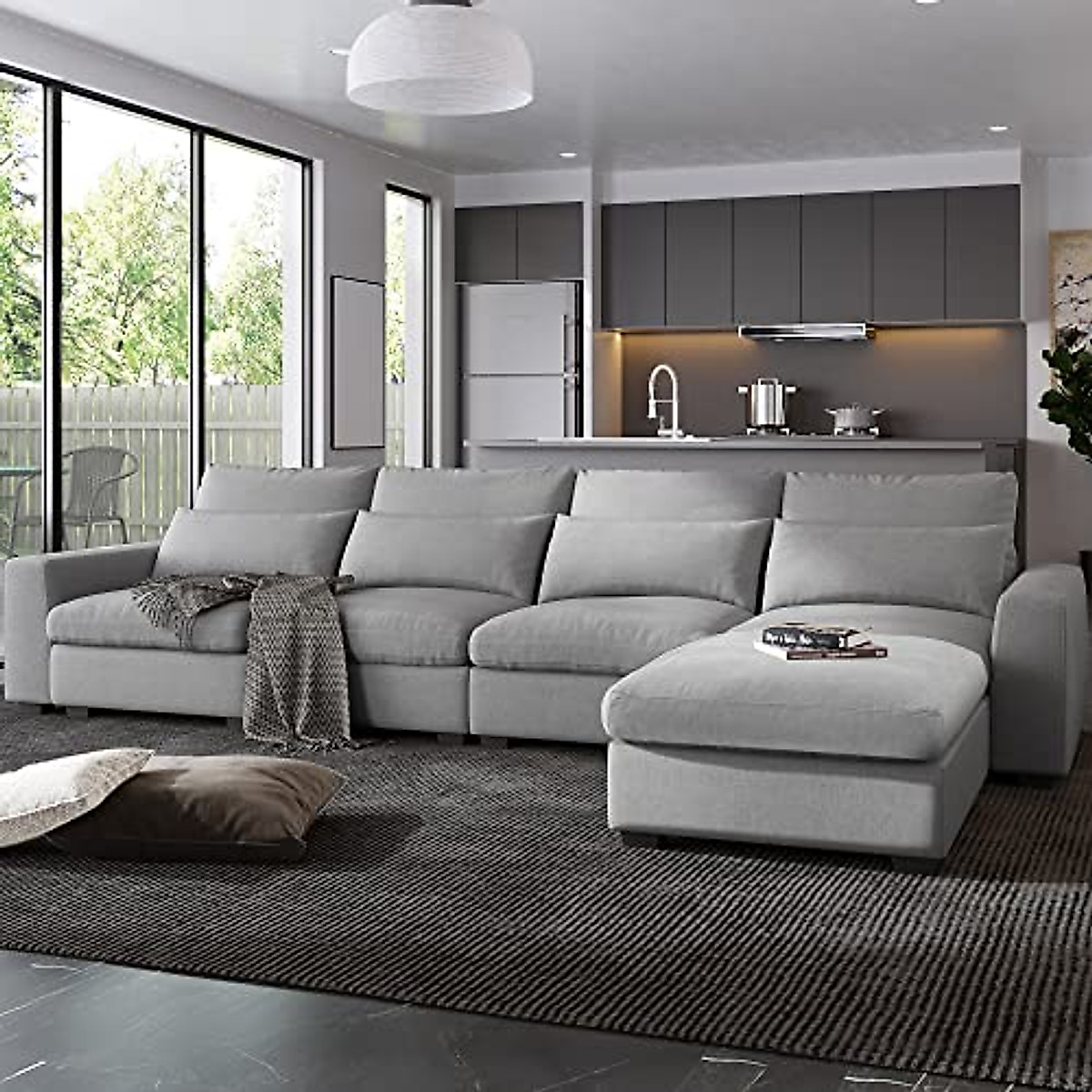 L-Shaped Corner Modular Down Feather Filled Sectional Sofa with 4 Waist Pillows and Movable Ottoman/Chaise, Deep Seat Upholstered Reversible Cushions Couch for Home Office Apartment Living Room Sets