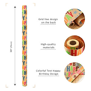 LaRibbons Birthday Wrapping Paper Roll for Kids, 30 Inch x 33 Feet (83 sq. ft. ttl.) Kraft Gift Wrap Paper with Colorful Text Happy Birthday Pattern for Baby Shower Holiday Party