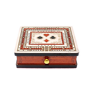 House of Cribbage - 3 Track - 60 Points Non-Continuous Travel Cribbage Board Inlaid in Maple Wood/Bloodwood - Size:6" x 5" - Storage Drawer for Cribbage Pegs & Playing Cards