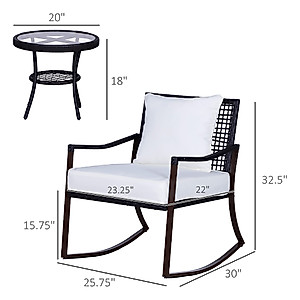 Outsunny 3 Piece Patio Rocking Bistro Set, Outdoor PE Rattan Wicker Rocking Chairs with Cushioned, Pillows, Two-Tier Glass Storage Shelf Coffee Table, Cream White
