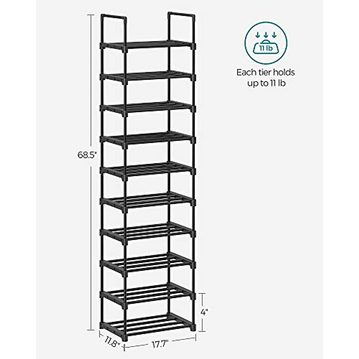 SONGMICS Shoe Rack, 10 Tier Shoe Organizer, Metal Shoe Storage Shelf for 20 Pairs of Shoes, Easy to Assemble, Entryway, Black ULSA25BK