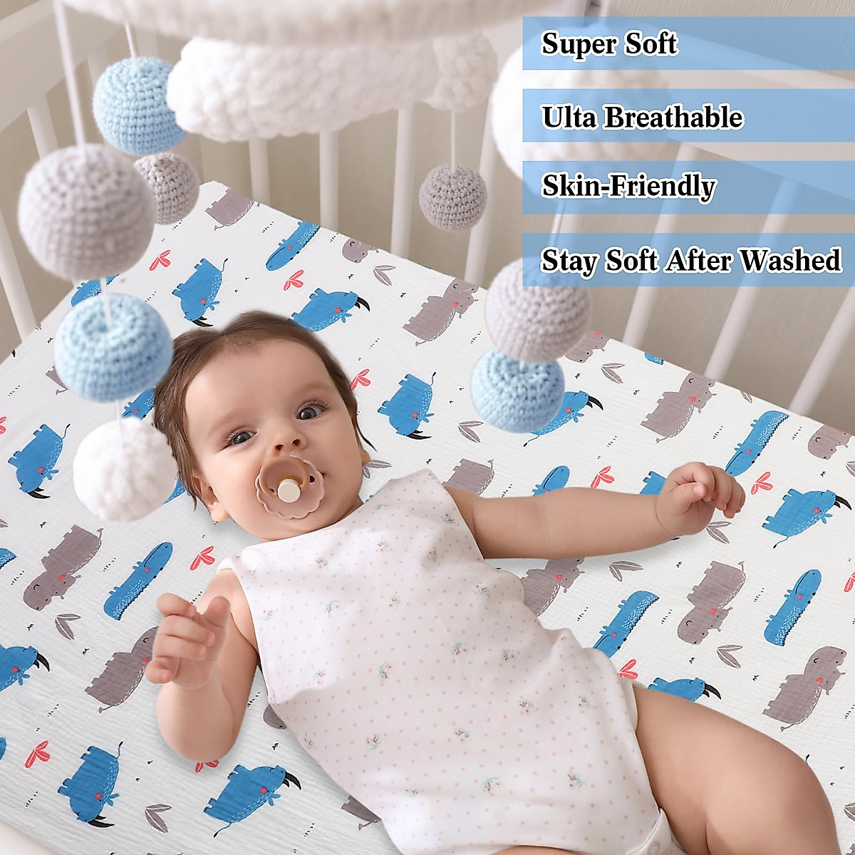 Preboun 4 Pieces Muslin Crib Sheets for Boys Girl, Fitted Baby Toddler Bed Sheets 28'' x 52'', Neutral Muslin Cotton Crib Mattress Sheet, Soft and Breathable Comfort Baby Sheets (Dinosaur, Crocodile)