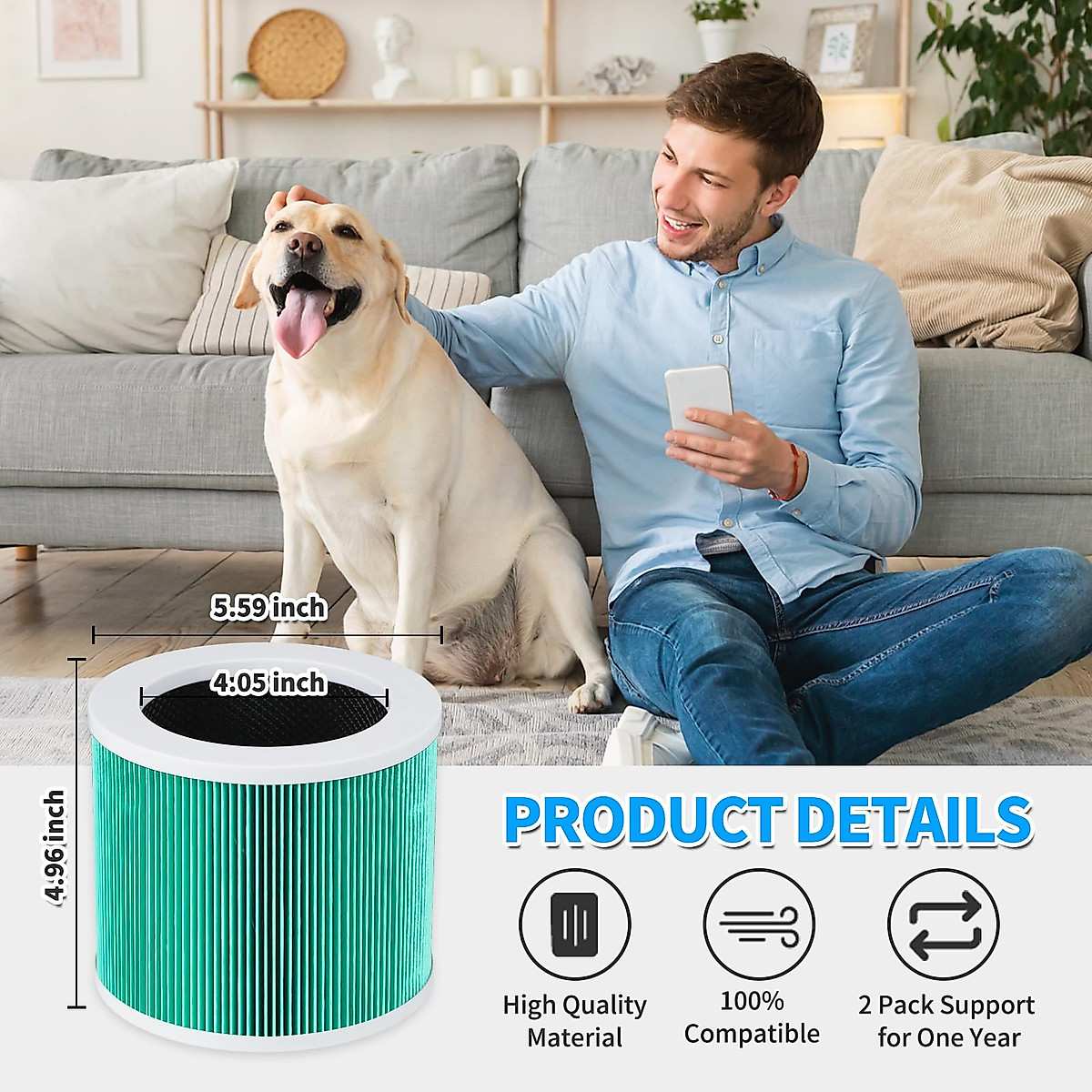 KEEPOW HY1800 Air Purifier Replacement Filter Compatible with MORENTO/Loytio/AYAFATO/Honeyuan HY1800 Air Purifier, 2 Pack