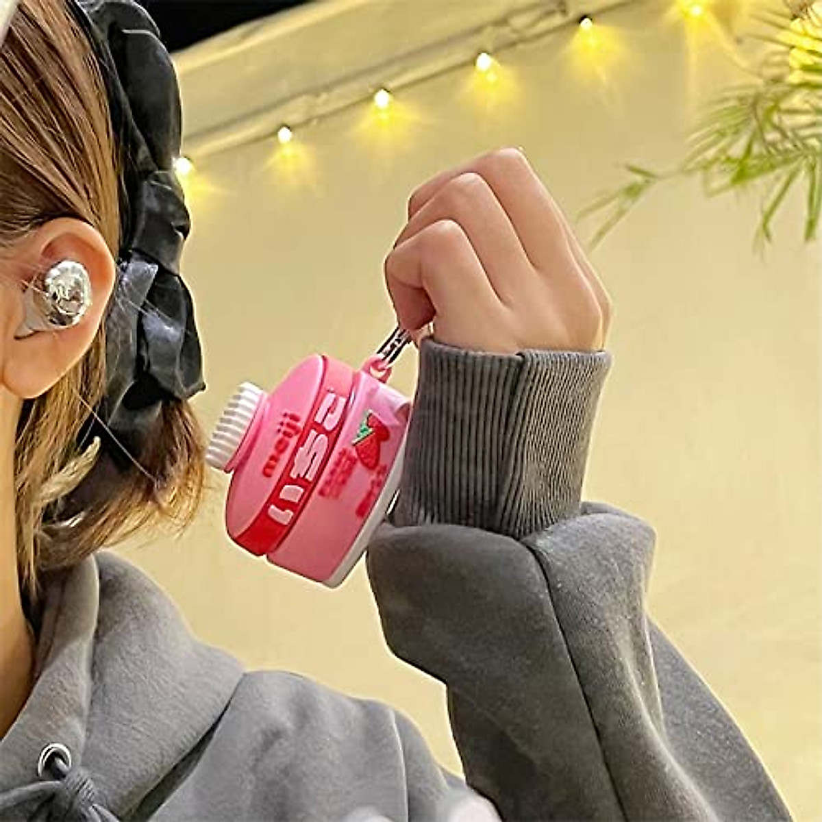 Compatible with Samsung Galaxy Buds2 pro/Buds Live/Buds pro/Buds 2 Charging Box,3D Pink Strawberry Flavor Juice Milk Drink Bottle Silicone Earphone case with Hook
