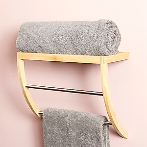Bamboo Wall Mount Shelf with 2-Tier Curved Towel Rack by Home Basics | Open Slanted Shelf Organizer Rack with Natural Finish | Strong Steel Rod Towel Bars