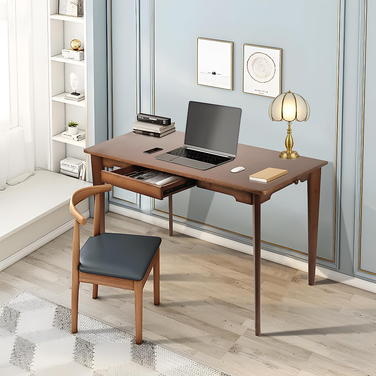 Maydear 47" Bamboo Multipurpose Study Writing Desk with Drawer, Modern Simple Computer & Laptop Table Dining Table for Bedroom, Living Room, Home and Office, Kitchen，Walnut