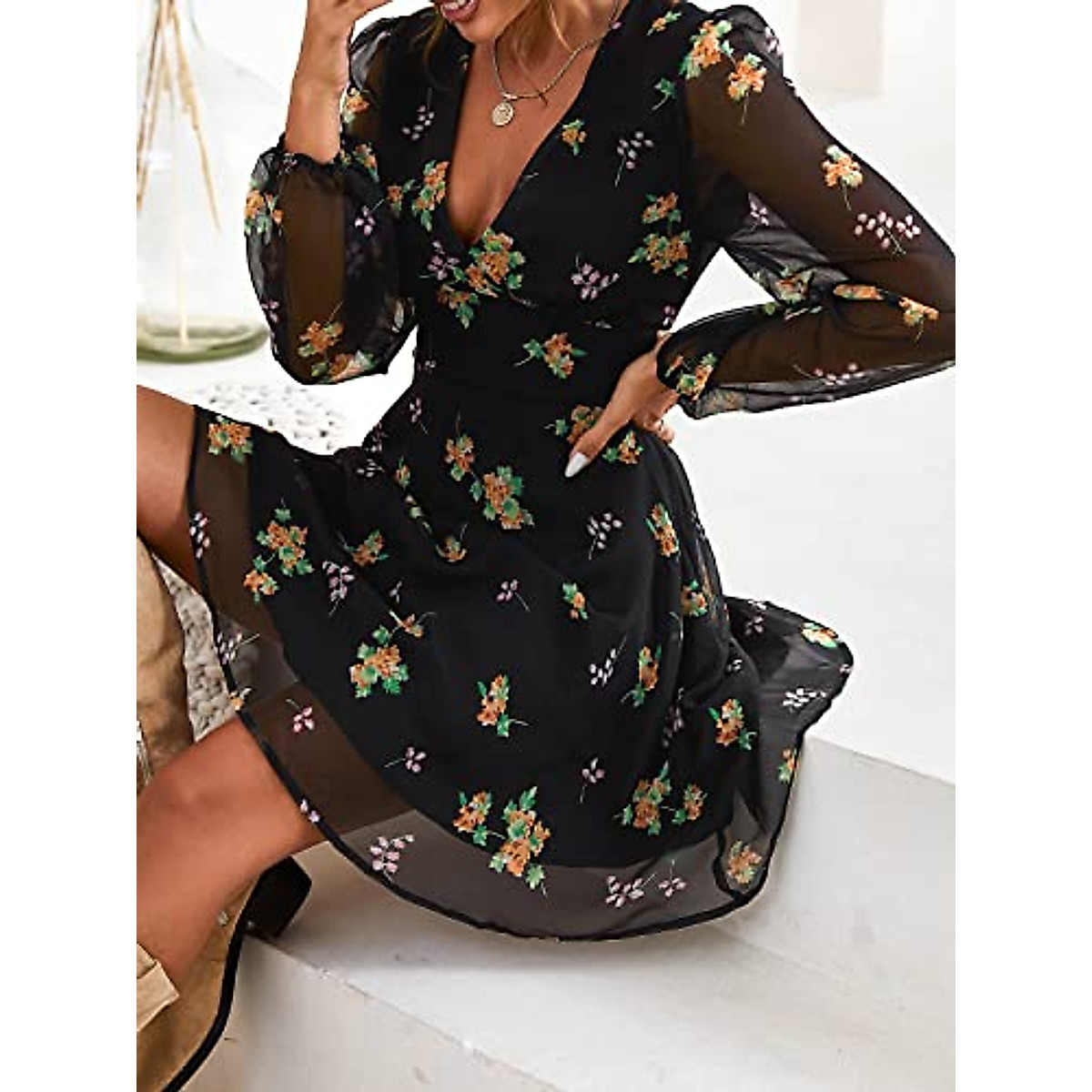 CUPSHE Women's Mini Dress Floral Print Chiffon Flowy Dresses Long Sleeve Dress for Women