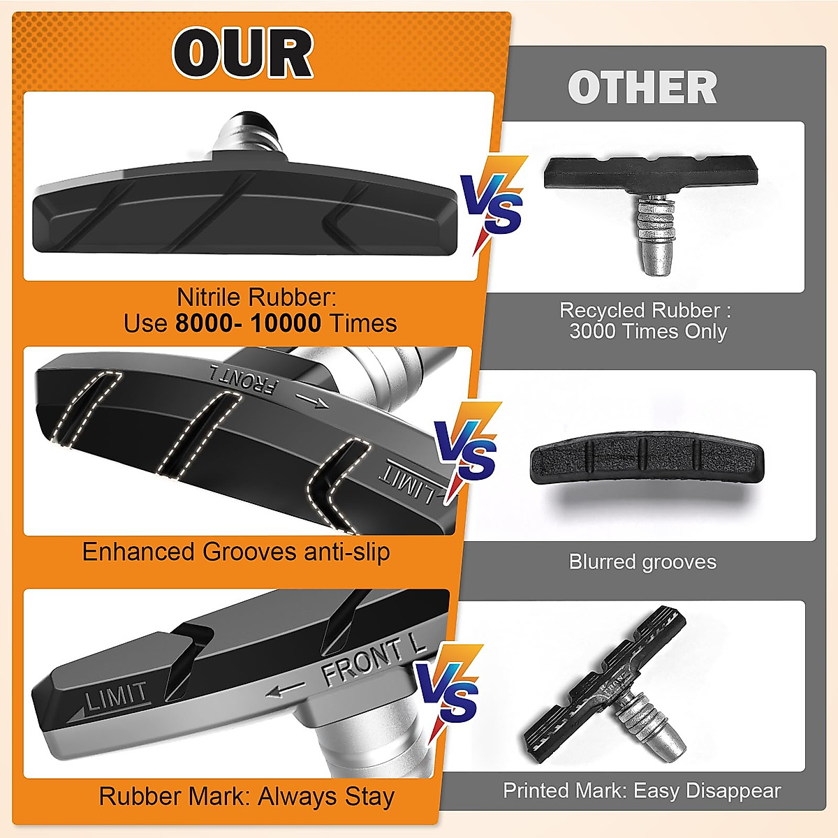 Alritz Bike Brake Pads Set, 4 Pairs Road Mountain Bicycle V-Brake Blocks Shoes with Hex Nut and Shims, No Noise No Skid, 70mm (Black)