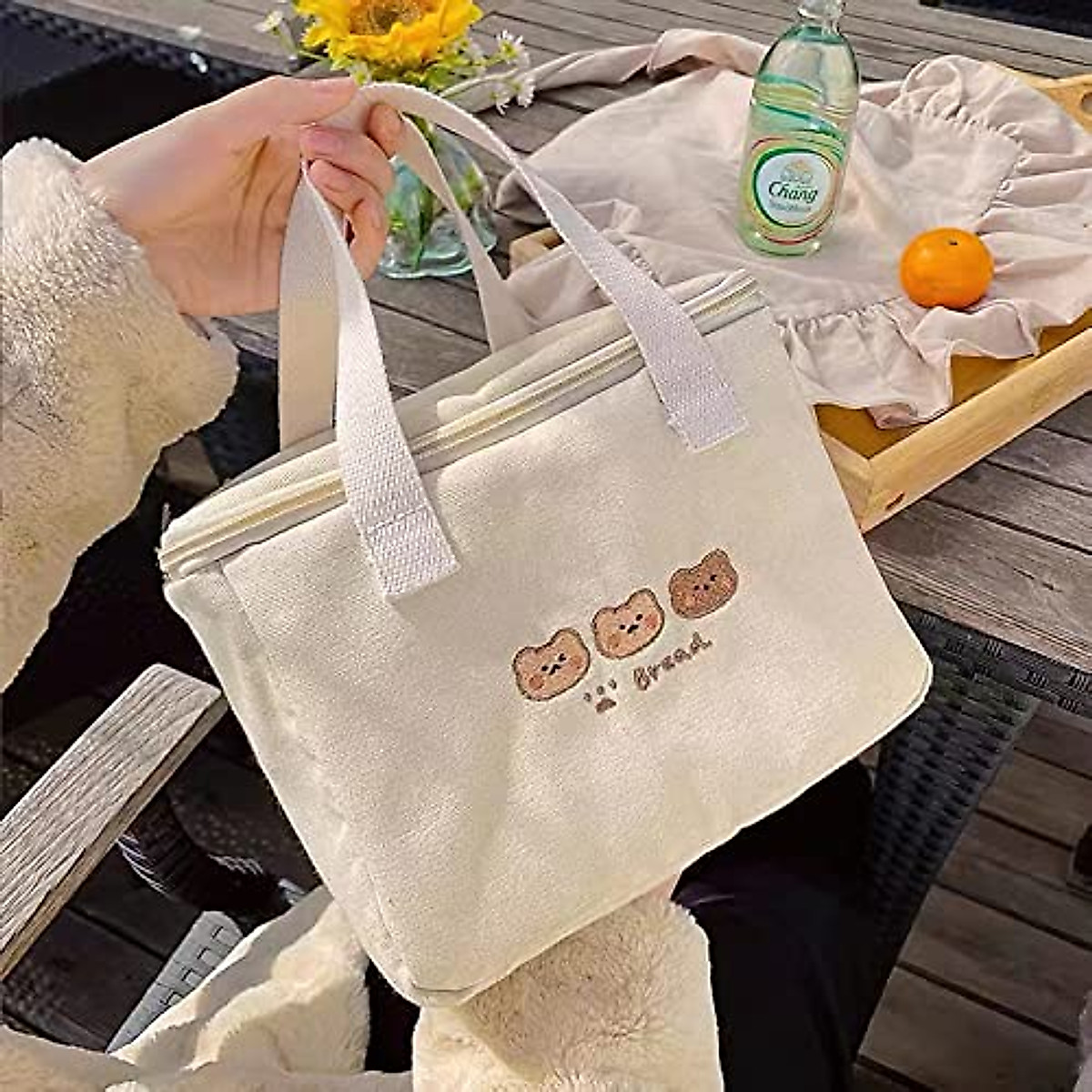 LaurelTree Aesthetic Kawaii Cute Lunch Bag Box Insulated Leakproof Waterproof Durable for Women Girls Kids Office School (Bear-Bucket)