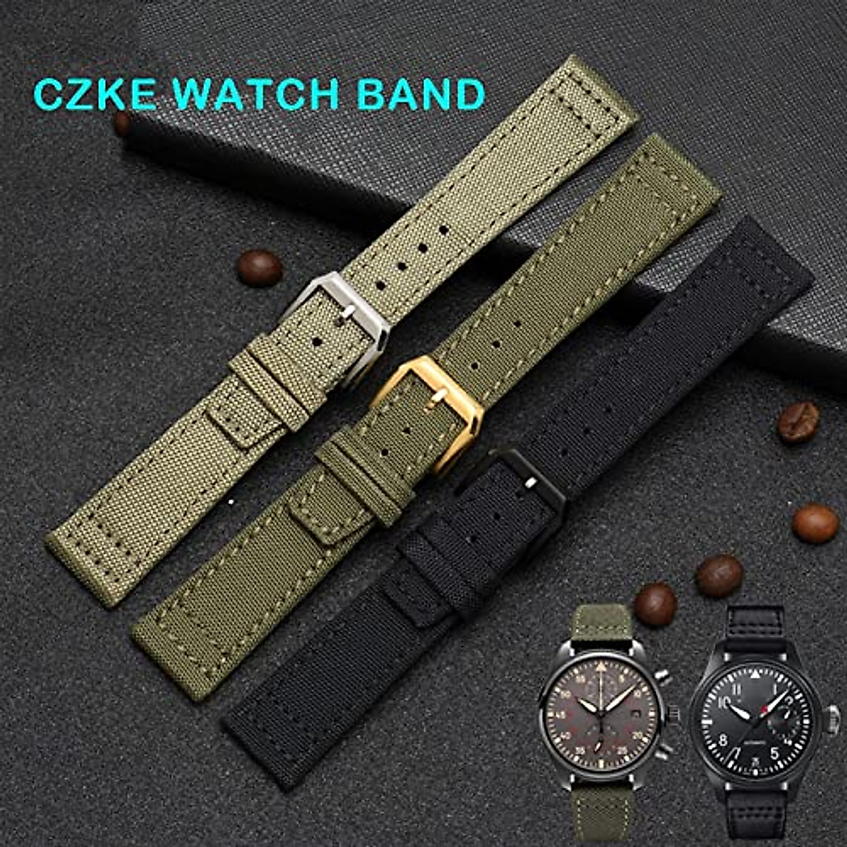 HAODEE for IWC Pilot Spitfire Timezone TopGun Strap Green Black Belts Wristwatch Straps 20mm 21mm 22mm Nylon Canvas Fabric Watch Band (Color : Khaki pin Clasp, Size : 20mm)