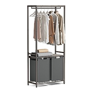 VASAGLE Laundry Basket, 2-Section Laundry Hamper with Pull-Out and Removable Liners, Clothes Rail, 2 x 12.1 Gallons, 28.7 x 13 x 69.7 Inches, Heather Greige and Slate Gray UBLH231G02