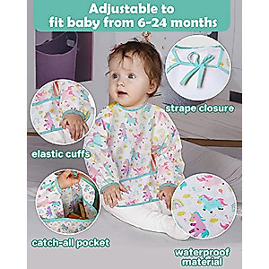 Lictin 3 Pack Baby Bibs for Boy or Girl, Cute Long Sleeve Bib, Waterproof Bibs for Toddlers,Adjustable Closure Baby Smock, Mess Proof Baby Bib, 6-24 Months Reusable Infant Baby Bibs