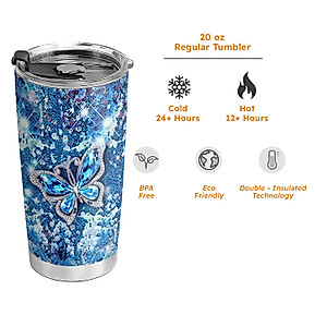 20oz Printed Blue Jewelry Crystal Butterfly Tumbler, Gifts for Butterfly Lovers, Coffee Thermos for Women, Stainless Steel Double Wall Vacuum Insulated Coffee Mug, Travel Cup with Lid