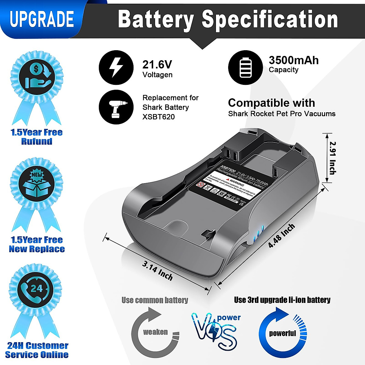 【Upgrade】3500mAh XSBT620 Replace for shark vacuum Battery 21.6V,Compatible with Shark IZ361H IZ162H IZ163H IZ362H IZ363HT IZ363H Shark Cordless Vacuum Battery, Lithium-ion Rechargeable Battery XSBT600