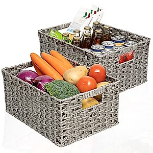 ROSOS Wicker Baskets 2 Pack, Wicker Storage Basket with Handles, Large Wicker Baskets for Storage, Waterproof Wicker Baskets for Organizing, Large Storage Baskets Wicker 15" and Medium 14", Grey