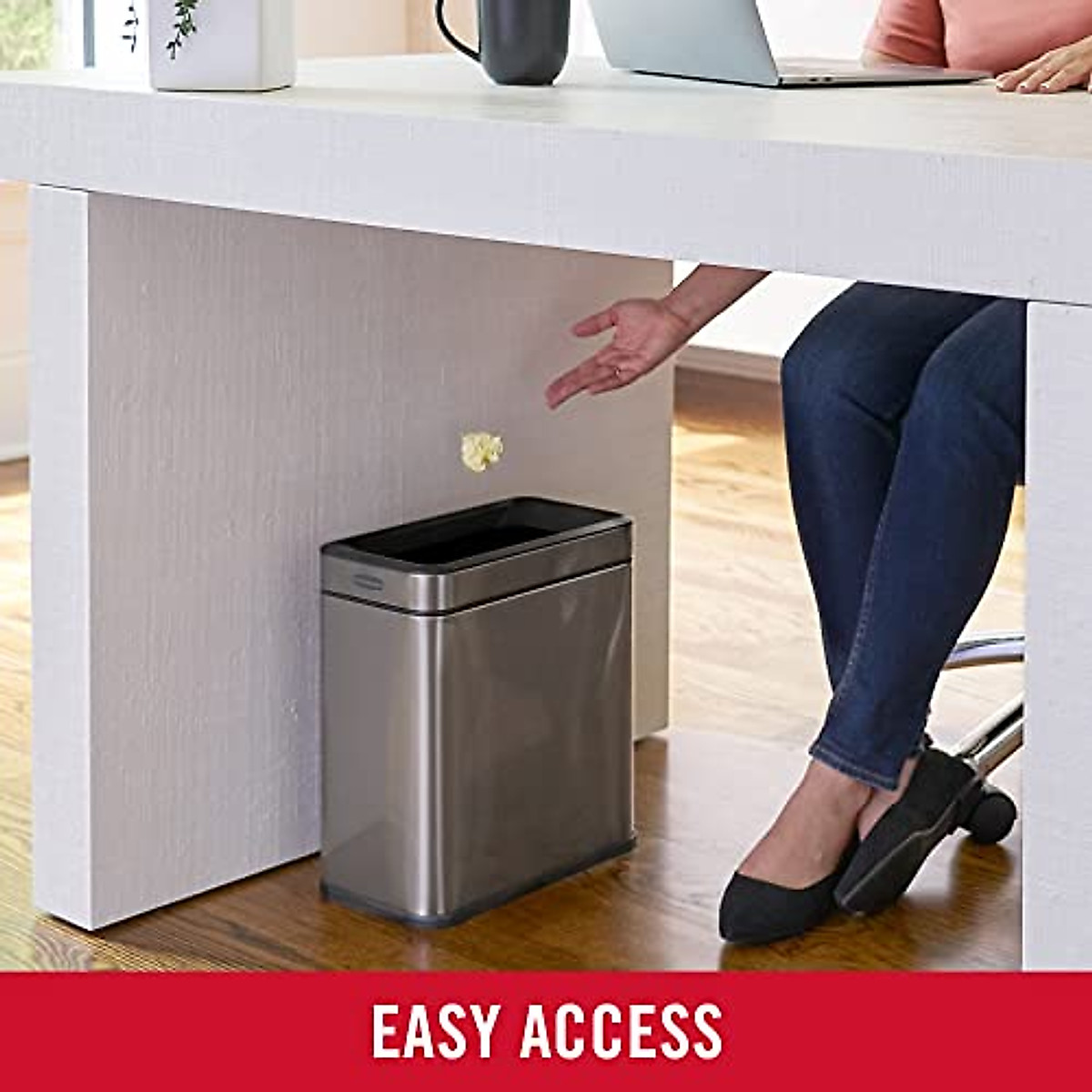 Rubbermaid Stainless Steel Wastebasket, 2.6-Gallon, Charcoal, Trash Can fits Under Desk for Home/Office/Bathroom