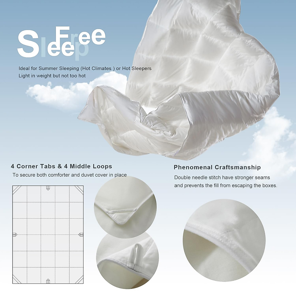 Royoliving Premium Lightweight Feathers Down Comforter Queen Size Summer Cooling Down Blanket Full Size White Duvet Insert, 100% Cotton Cover with Coner Tabs (90x90, 35 oz)