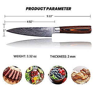 Kitory Kitchen Utility Knife 5 Inch Damascus Pattern Small Chef Knife with Sheath, German High Carbon Stainless Steel, Ergonomic Pakkawood Handle, Sharp Cooking Knife for Home&Restaurant