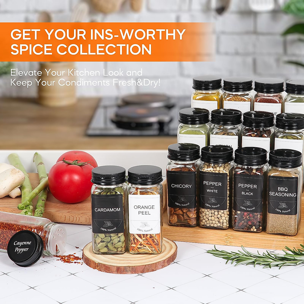 AuroTrends Empty Spice Jars with Labels 4oz 48Pack, 4 oz Seasoning Containers with Preprinted Spice Labels/Funnel/Marker for Pantry Organizers and Storage (4fl.oz, 48Pack)