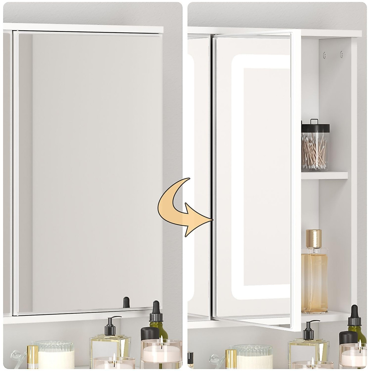 MOUMON Large Vanity Desk with Open Mirror and Lights, Makeup Desk with Drawers and Shelves, Rose-Shaped Crystal Handles, Cushion Stool not Included, White (43.3”W x 18.1”D x 54.1”H)