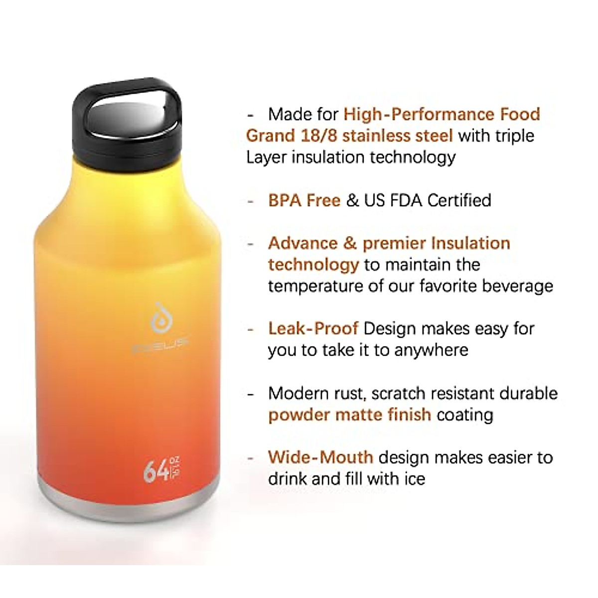 IDEUS Insulated Stainless Steel Water Bottle with 2 Leak-Proof Lids, Thermal Water Flask for Hiking Biking, 64oz, Yellow