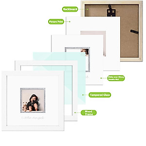 Golden State Art, White Baby Frame, Little Angel Solid Wood picture frame with White/Silver Double Mat, Baby Nursery Decor for Baby Girl or Baby Boy (8x8-inch for 4x4-inch, 1-Opening)