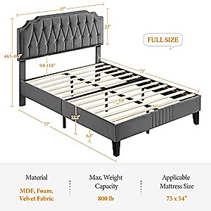 Yaheetech Full Bed Frame Velvet Upholstered Platform Bed with Curved Headboard, Height-Adjustable Headboard/Noise-Free/Wooden Slats Support/No Box Spring Needed/Easy Assembly, Dark Gray Full Bed