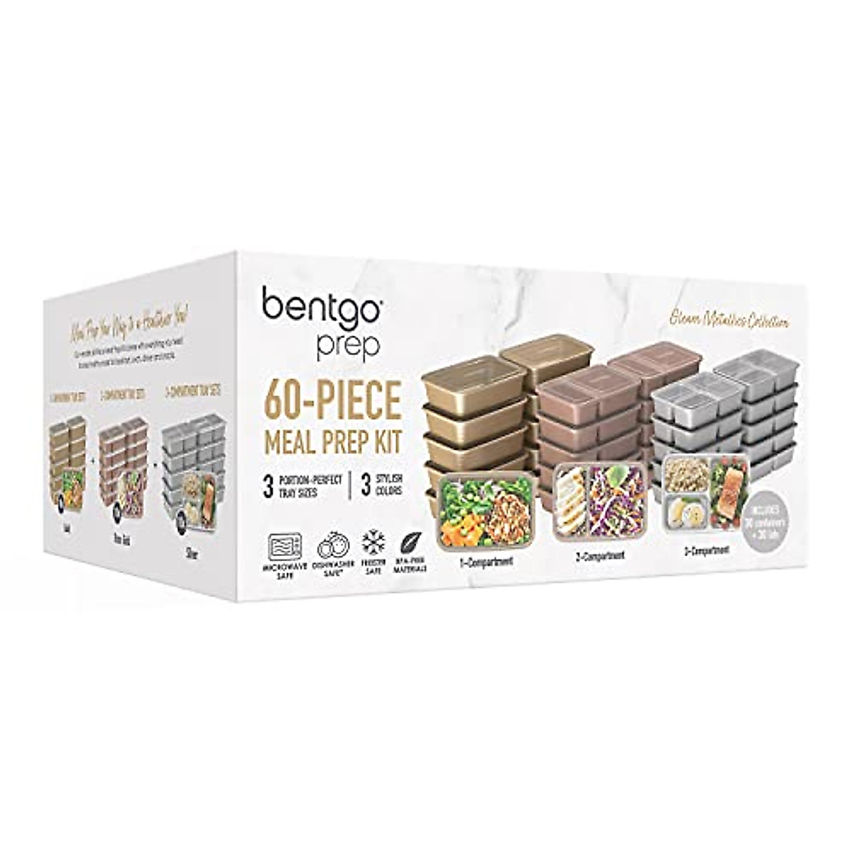 Bentgo® Prep 60-Piece Meal Prep Kit - 1, 2, & 3-Compartment Containers with Custom Fit Lids - Microwaveable, Durable, Reusable, BPA-Free, Freezer & Dishwasher Safe Storage Containers (Gleam Metallics)