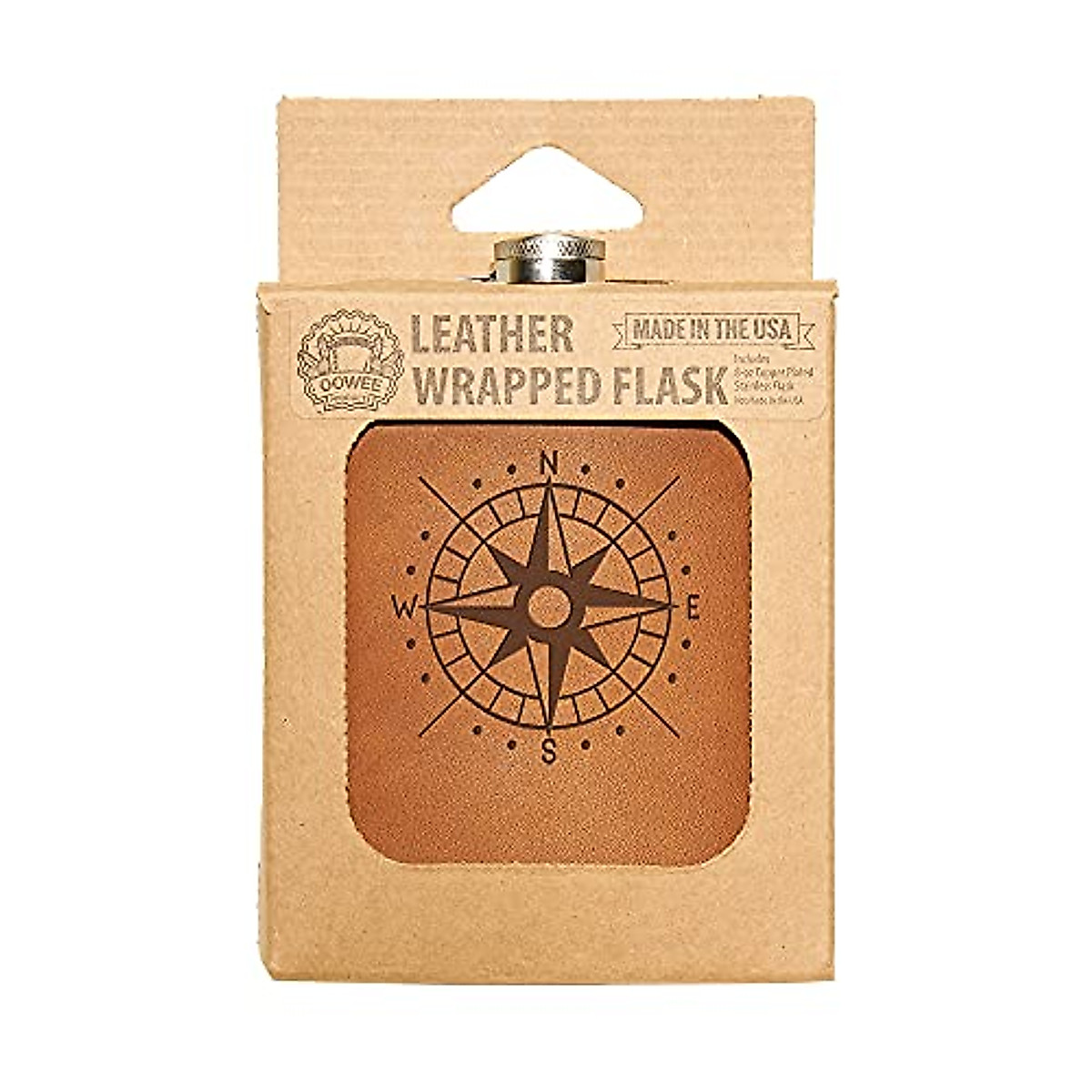 Oowee Products | Compass Leather Wrapped Flask | Box Set | Comes with an 8 Ounce Copper Plated Flask| Genuine Leather | Made in the USA