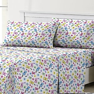 Dream Factory Kids Sheet Set Lightweight Microfiber Bed Sheets Super Soft Easy Wash Cozy Bedding 10” Pocket - Full, Purple Sweet Butterfly