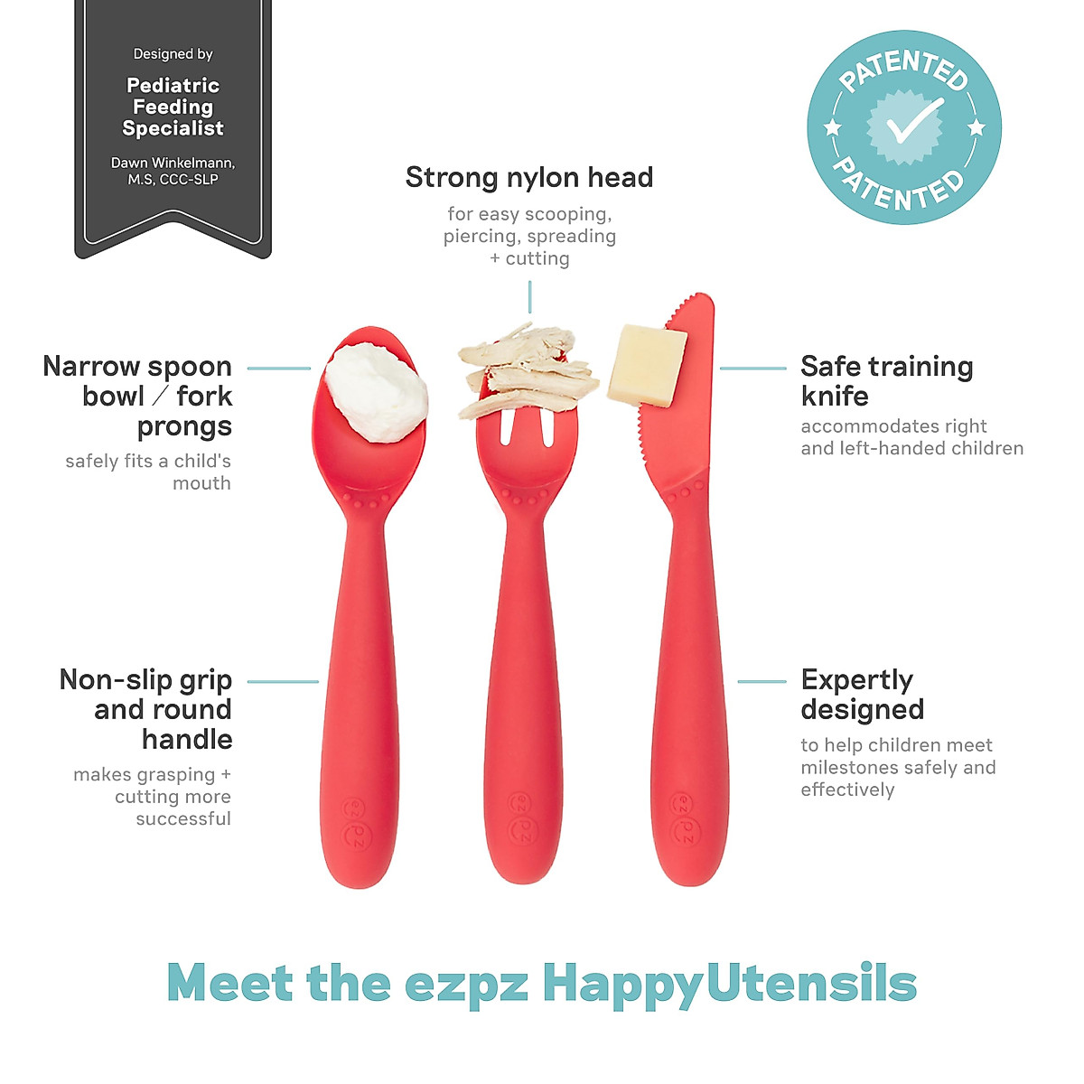 ezpz Happy Utensils - 24 Months+ (Coral) - BPA Free Toddler Utensils - Fork, Spoon and Knife for Toddlers and Preschoolers - Kids Utensils for Self-Feeding Development